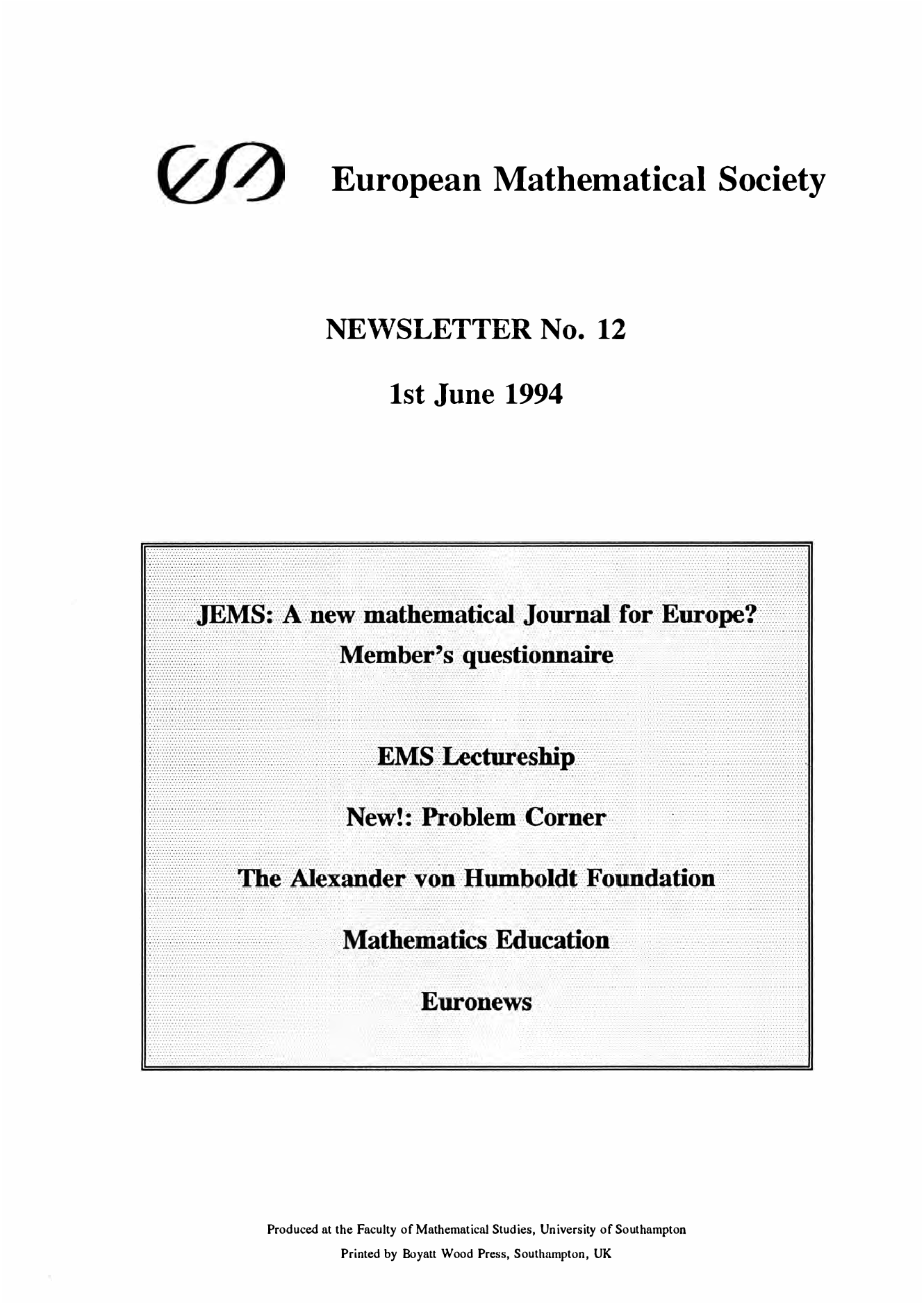No. 12 (1994)| European Mathematical Society Magazine | EMS Press