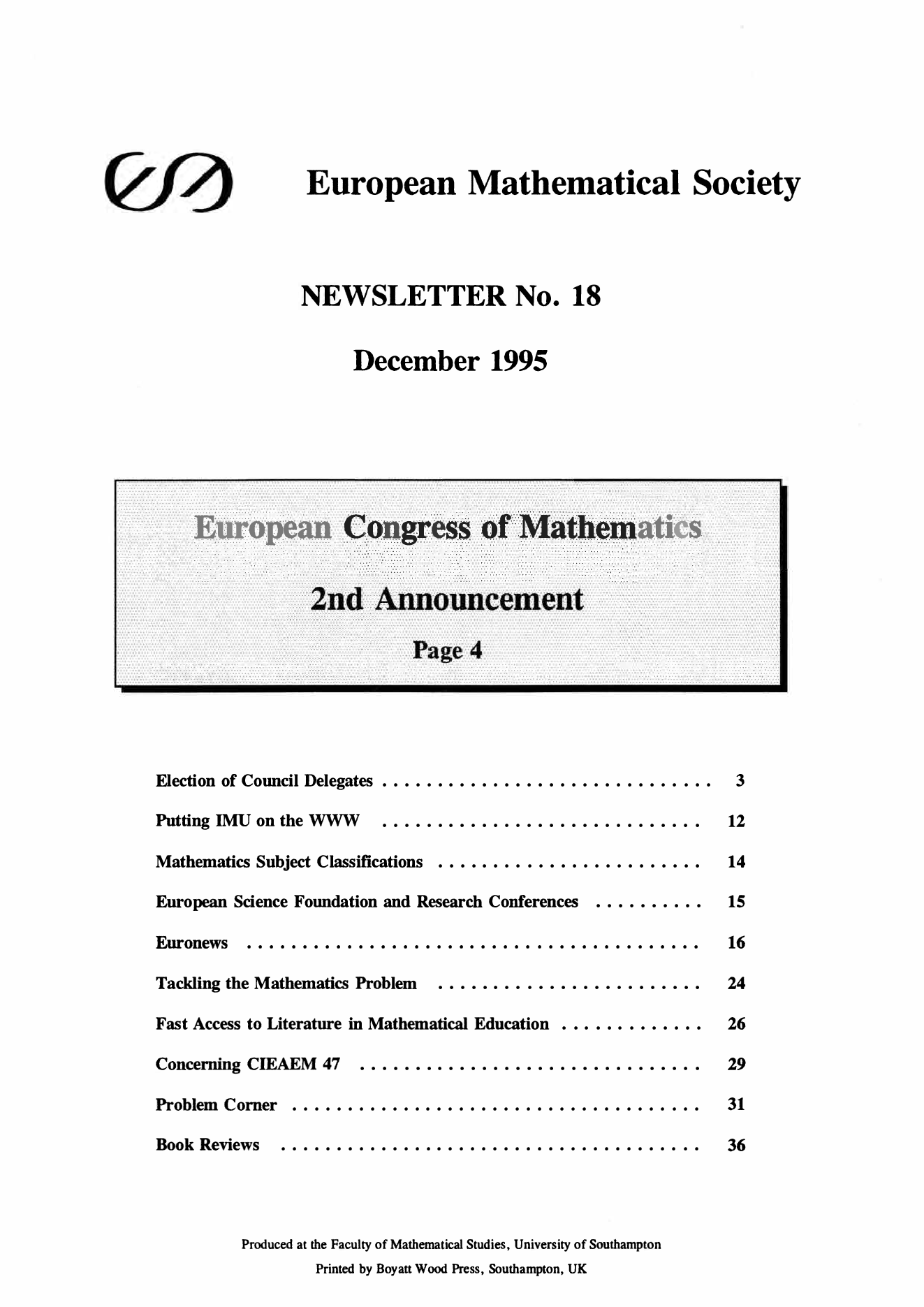 No 18 1995 European Mathematical Society Magazine Ems Press